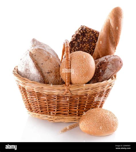 Different Bread In Wicker Basket Isolated On White Stock Photo Alamy