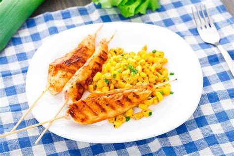 Honey Chicken Skewers With Grilled Corn Salad Stock Image Image Of