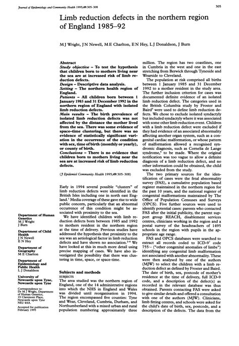 Pdf Limb Reduction Defects In The Northern Region Of England 1985 92