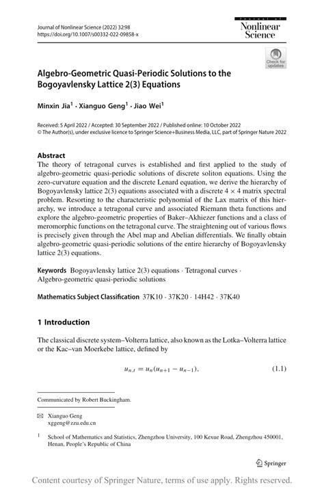 Algebro Geometric Quasi Periodic Solutions To The Bogoyavlensky Lattice 2 3 Equations Request Pdf