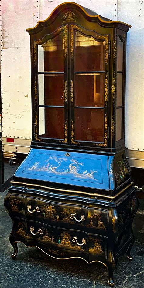 Midcentury French Style Black Lacquer Chinoiserie Secretary Desk