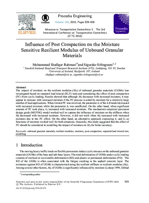Pdf Influence Of Post Compaction On The Moisture Sensitive Resilient Modulus Of Unbound