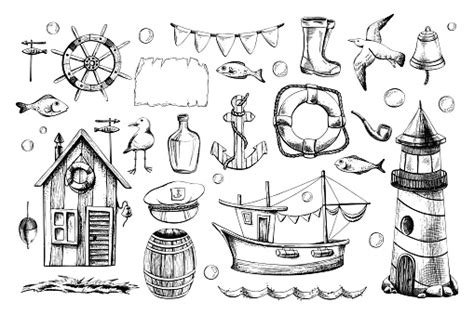 등대 보트 오두막 스티어링 휠 닻 구명 부표 배럴 부츠 물고기 및 갈매기와 함께 바다 낚시 그래픽 선형 드로잉 손으로 그린 흑백