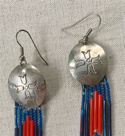 Beaded Shoulder Duster Earrings Sterling Silver Vintage Native American Hand Beaded Fringe Long
