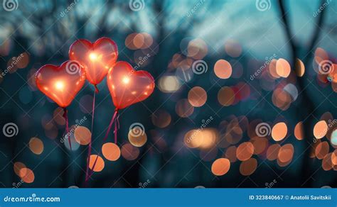 Three Glowing Heart Shaped Balloons Float Against A Backdrop Of