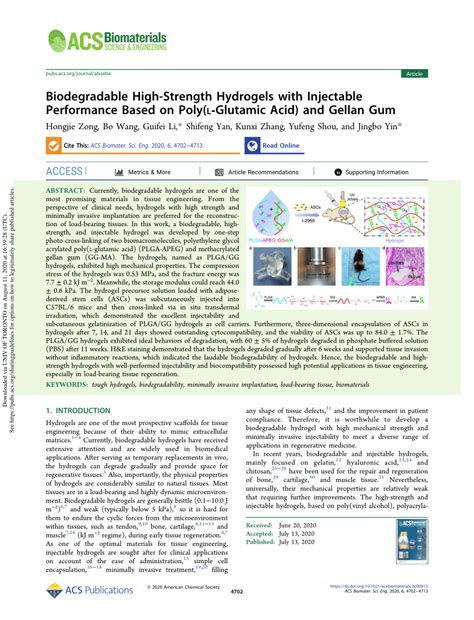 Pdf Biodegradable High Strength Hydrogels With Injectable Performance
