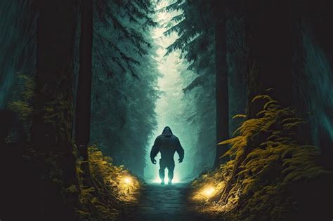 Premium Photo Illuminated Forest Path With Bigfoot Monster Walking Along It