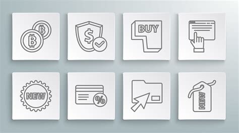 새로운 방패 달러 할인 카드 퍼센트 커서 클릭 문서 폴더 구매 버튼 온라인 쇼핑 화면 및 암호 화폐 동전 비트 코인 아이콘으로 라인 가격표를 설정합니다 벡터 0명에 대한