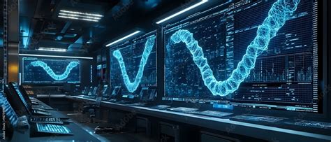 futuristic biotech research laboratory with digital screens displaying 3d visualizations of dna
