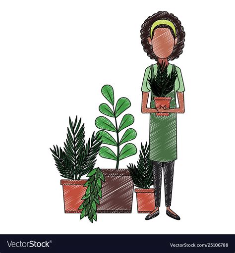 Woman Holding Plant Pot Scribble Royalty Free Vector Image