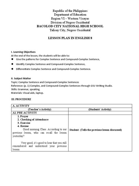 Complex And Compound Complex Sentence Lesson Plan Pdf Sentence Linguistics Linguistics