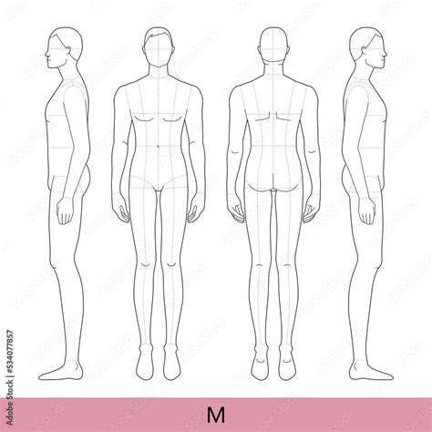 Set Of M Size Men Fashion Template Nine Head Medium Croquis With Main