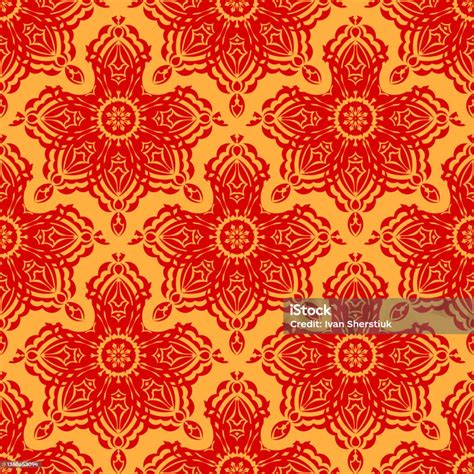 빈티지 장식과 빨간색과 노란색 매끄러운 패턴 벽화 직물 엽서 및 인쇄에 적합합니다 벡터 그림입니다 0명에 대한 스톡 벡터 아트 및 기타 이미지 Istock