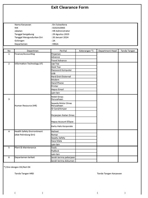 Exit Clearance Form Pdf