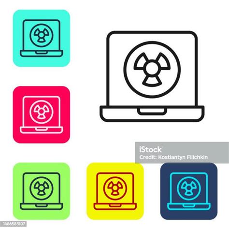 검은 선 핵 노트북 아이콘은 흰색 배경에 분리되어 있습니다 색상 사각형 버튼으로 아이콘을 설정합니다 벡터 0명에 대한 스톡 벡터 아트 및 기타 이미지 Istock