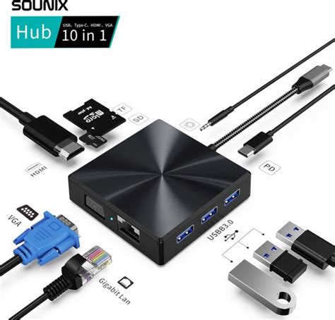 Sounix 10 In 1 USB C Docking Station USB C HUB HDMI 4K VGA USB