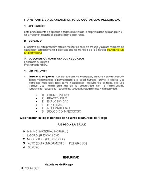 Procedimiento Sustancias Peligrosas Transporte Y Almacenamiento De