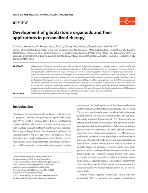 Pdf Development Of Glioblastoma Organoids And Their Applications In