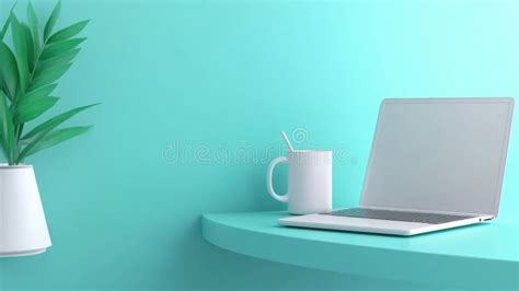 Sleek Workspace With A Laptop Mug And Plant On A Turquoise Desk Ai Stock Image Image Of