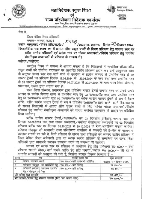 शैक्षिक सत्र 2024 25 में आउट ऑफ स्कूल बच्चों के विशेष प्रशिक्षण हेतु