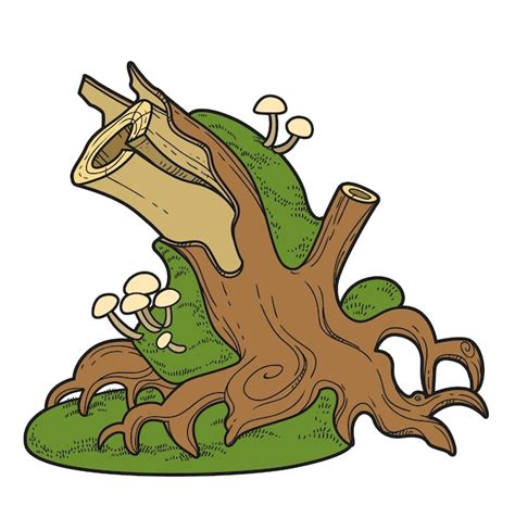 흰색 배경에 격리된 색칠 페이지를 위한 이끼와 Toadstools 색상 변형이 있는 크고 오래된 그루터기 프리미엄 벡터