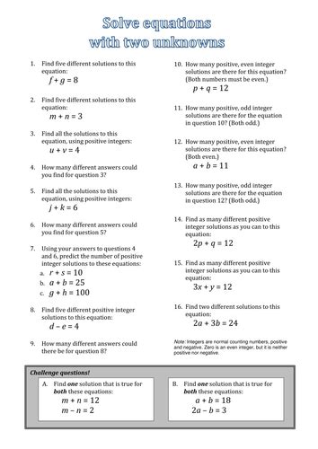 Solve Equations With Two Unknowns Teaching Resources