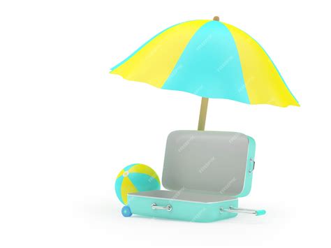3d 렌더링 흰색과 파란색 해변 우산과 해변 황소와 흰색 배경에 고립 된 파란색 가방 프리미엄 사진