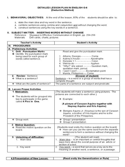 Detailed Lesson Plan In English G 6 Deductive Method Pdf Punctuation Verb