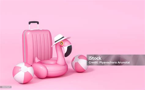 핑크 플라밍고 플로트 파스텔 핑크 배경 3d 렌더링에 넣어 수하물과 열대 조류 모양 풍선 수영장 링 3d 일러스트 여름과 여행