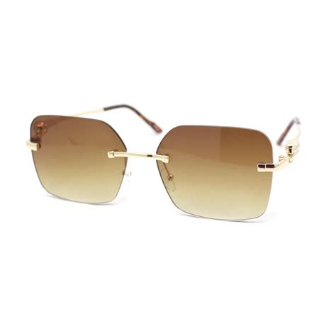 Unique Cougar Jewel Hinge Rimless Rectangle Pimp Sunglasses Gold Brown