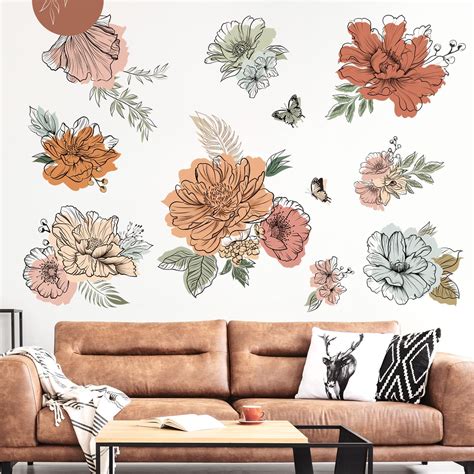 Fanwaoo Boho Retro Flower Decals Vintage Floral Wall
