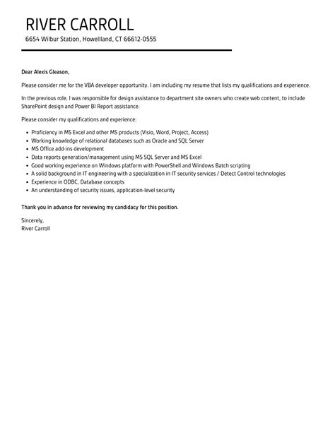Vba Developer Cover Letter Velvet Jobs