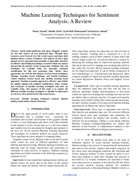 pdf machine learning techniques for sentiment analysis a review
