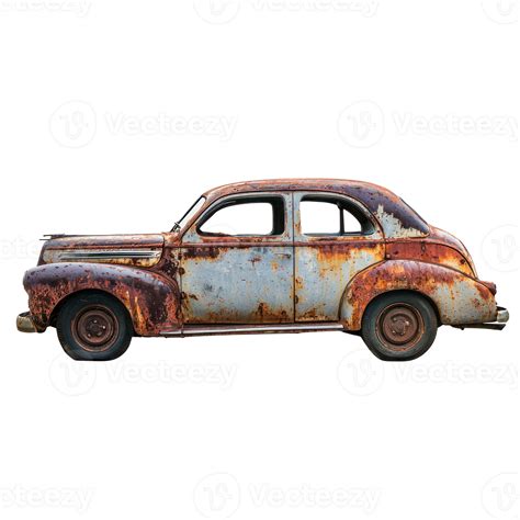 Old Rusty Classic Car Side View Isolate On Transparency Background