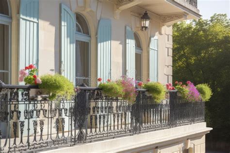 Classic Elegant French Country House Exterior With Balcony Lanterns