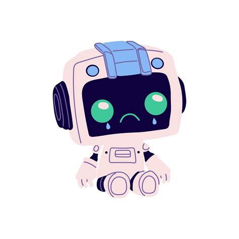 Cute Robot In Retro Futuristic Style Crying Android Bot Character