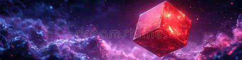 Glossy Red Cube Floating On A Deep Purple Background Stock Illustration