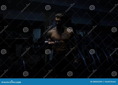 Strong Male Bodybuilder Doing Exercises With Dumbbells Stock Image