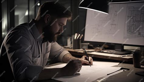 Premium Photo Wide Angle Portrait Of An Engineer At Work Drafting Drawings And Taking