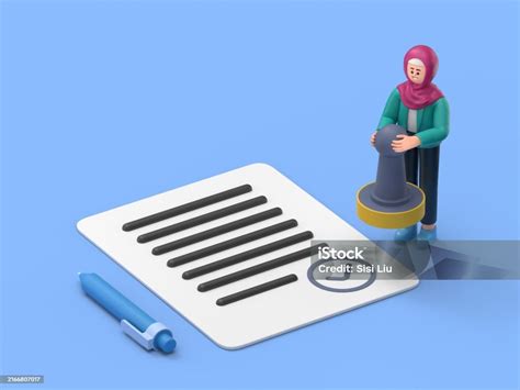 파란색 배경에 아이소 메트릭 3d 그림 문서 승인 종이 문서와 펜 근처에 손에 스탬프를 들고 웃는 아랍 여성 갈리야의 3d 그림 3차원 형태에 대한 스톡 사진 및 기타
