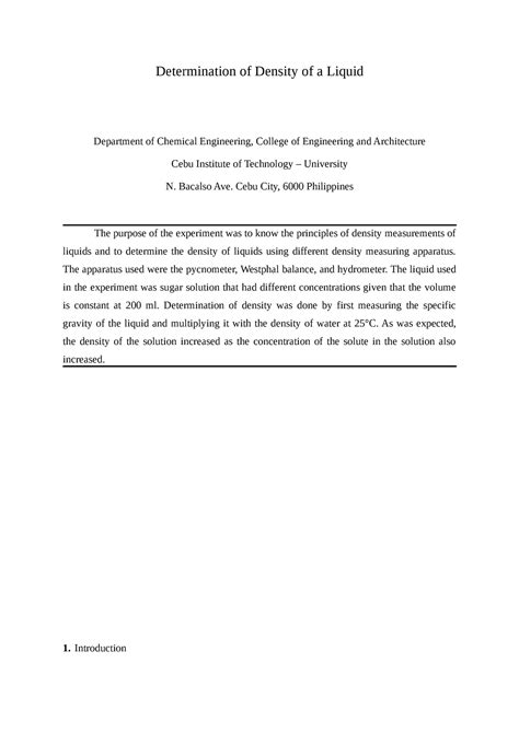 E1 Density E1 Science Determination Of Density Of A Liquid Department
