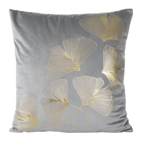 GINA SREBRNA POSZEWKA OZDOBNA Z WELWETU ZŁOTY NADRUK GINKGO 45x45 cm
