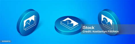 아이소메트릭 사진 프레임 아이콘은 파란색 배경에 분리되어 있습니다 빈티지 빈 사진 프레임입니다 파란색 원 버튼입니다 벡터 3차원 형태에 대한 스톡 벡터 아트 및 기타 이미지