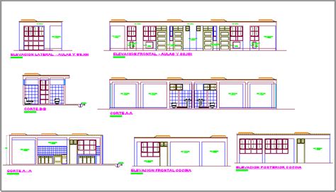 Classroom Building Elevation And Different Axis Section View For Dwg File