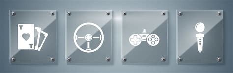 아케이드 기계 게임 패드 스티어링 휠 및 하트 기호가 있는 카드 놀이를 위한 조이스틱을 설정합니다 정사각형 유리 패널 벡터 Brand Name Video Game에 대한