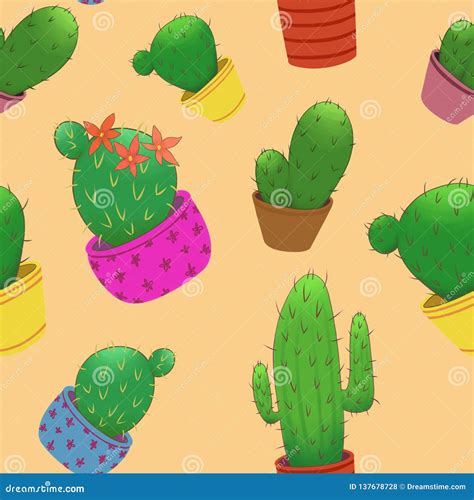 Seamless Pattern With Small Cacti In Pots Stock Illustration