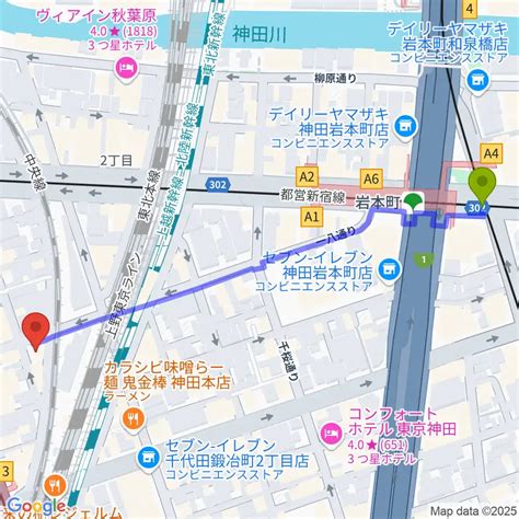 岩本町駅からストラト・クレイジーへのルートマップ Mdata