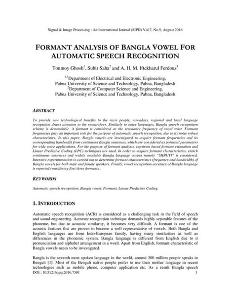 Formant Analysis Of Bangla Vowel For Automatic Speech Recognition Pdf