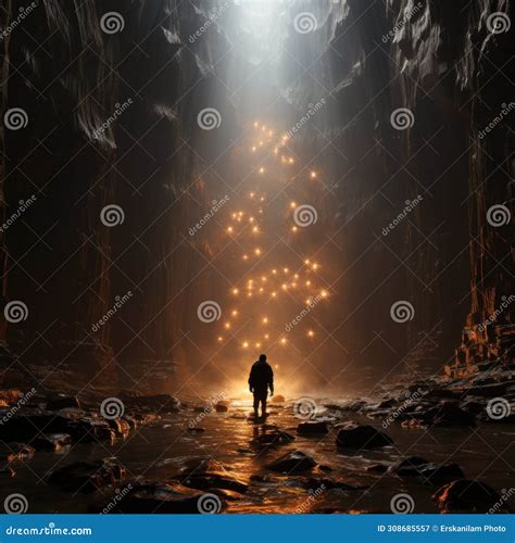 The Cave With The Reflection Of Bright Fantasy Light Inside Shows The