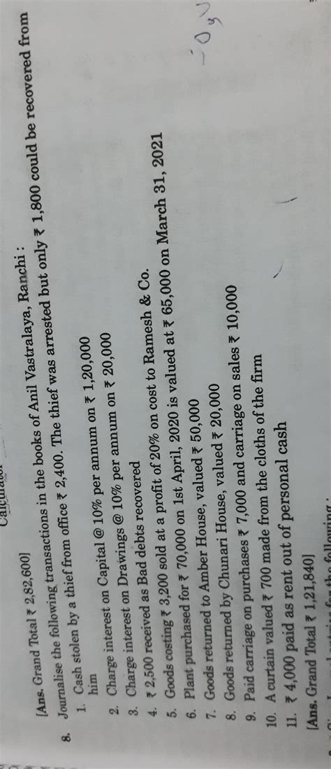 Journalise The Following Transactions In The Books Of Anil Vastralaya Ra